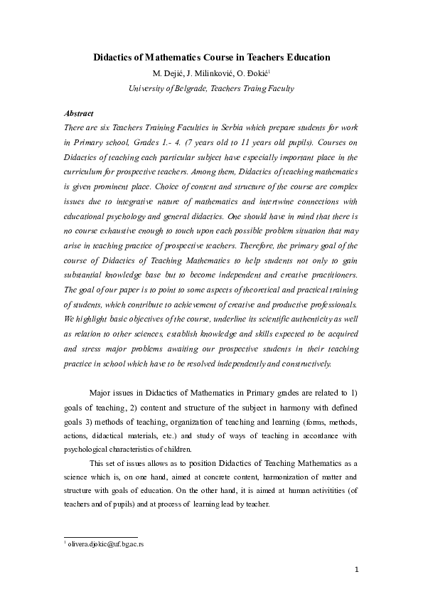(DOC) Didactics of Mathematics Course in Teachers Education