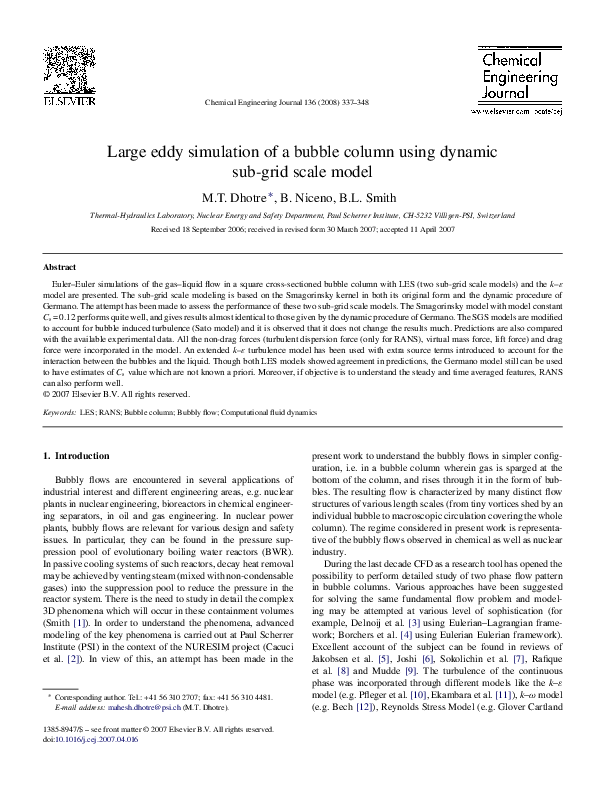 Pdf Large Eddy Simulation Of A Bubble Column Using Dynamic Sub Grid Scale Model