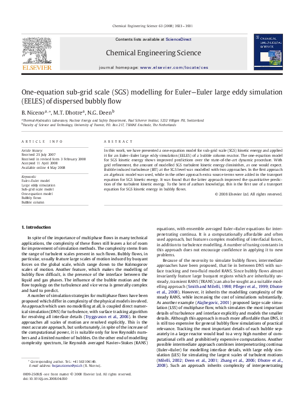 (PDF) One-equation sub-grid scale (SGS) modelling for Euler–Euler large eddy simulation (EELES ...