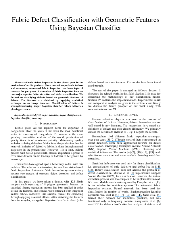 Pdf Fabric Defect Classification With Geometric Features Using