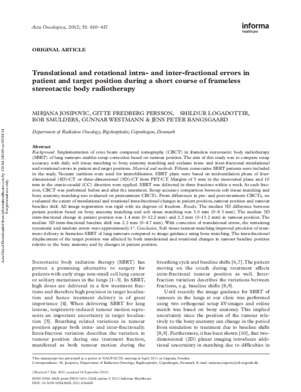 (PDF) Errors in Patient and Target Position in Frameless SBRT