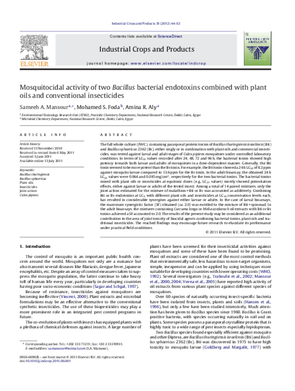 Pdf Mosquitocidal Activity Of Two Bacillus Bacterial Endotoxins