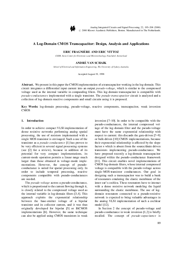 (PDF) A Log-Domain CMOS Transcapacitor: Design, Analysis and Applications