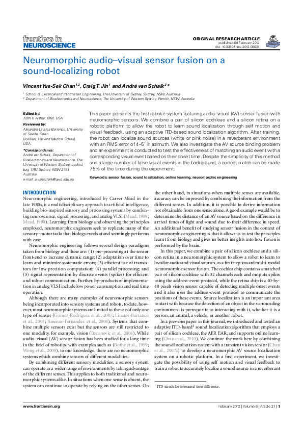(PDF) Neuromorphic audio–visual sensor fusion on a sound-localizing robot