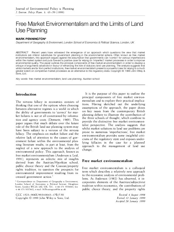 (PDF) Free market environmentalism and the limits of land use planning
