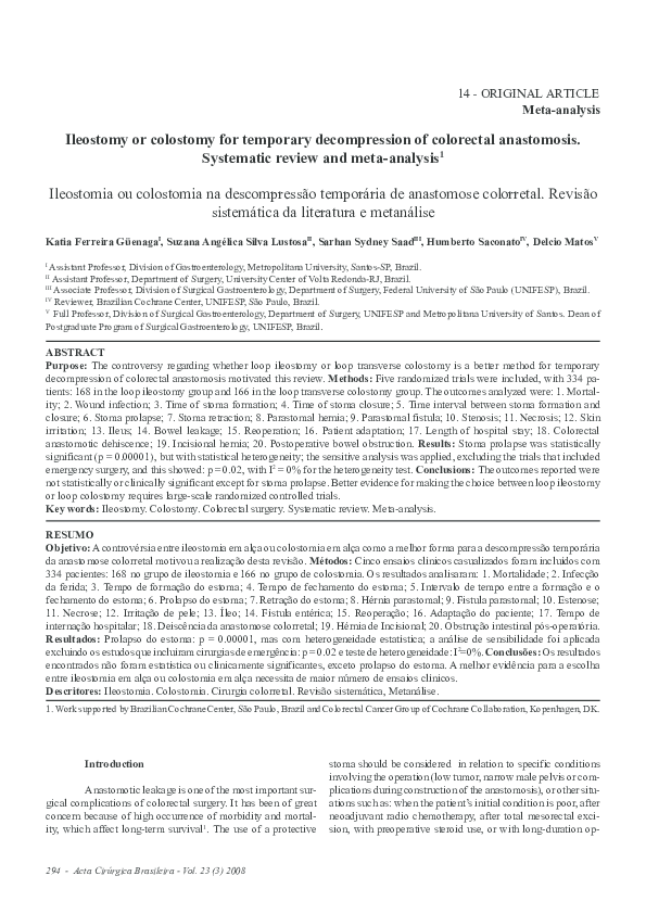 Ileostomy Or Colostomy For Temporary Decompression Of Colorectal Anastomosis Systematic Review