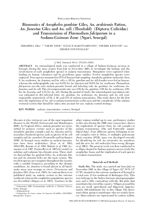 (PDF) Bionomics of Anopheles gambiae Giles, An. arabiensis Patton, An ...