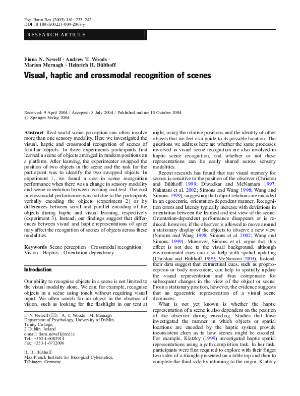 (PDF) Visual, haptic and crossmodal recognition of scenes | Heinrich ...