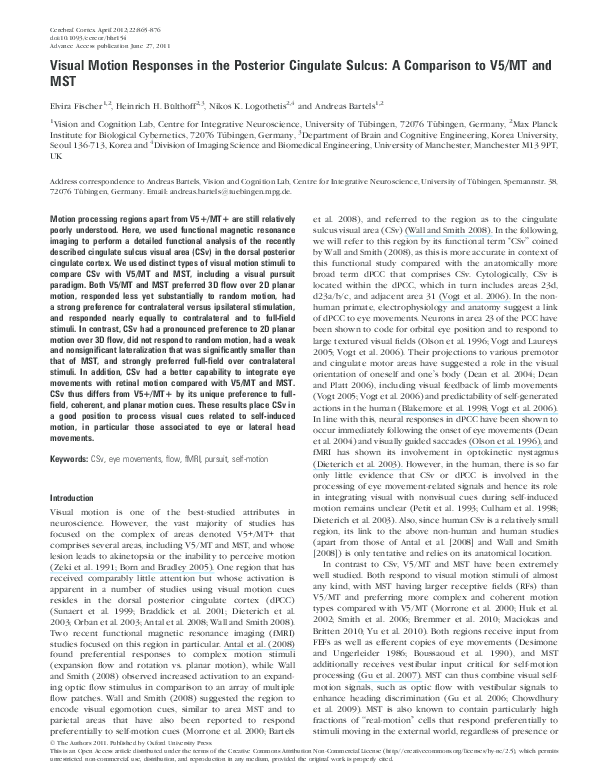(PDF) Visual Motion Responses in the Posterior Cingulate Sulcus: A ...