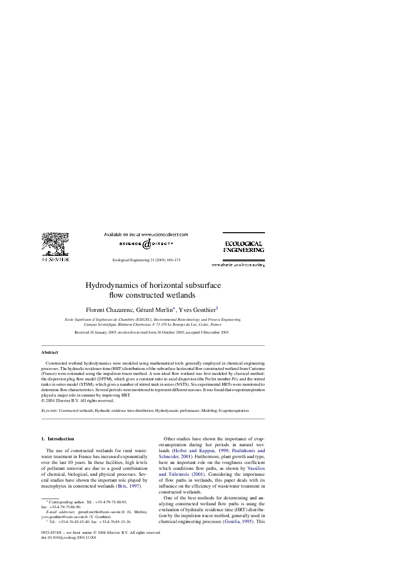Pdf Hydrodynamics Of Horizontal Subsurface Flow Constructed Wetlands