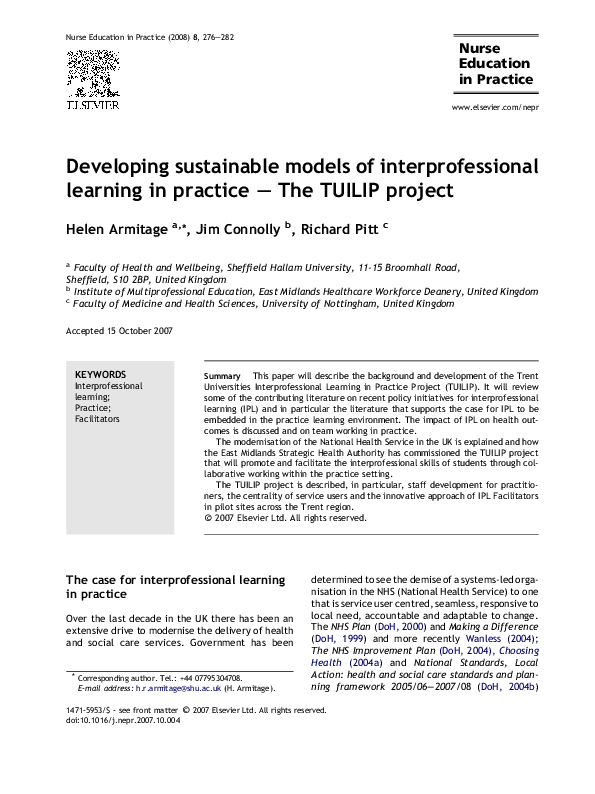 (PDF) Developing sustainable models of interprofessional learning in ...