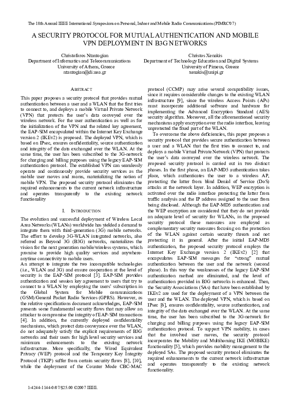 (PDF) A Security Protocol for Mutual Authentication and Mobile VPN Deployment in B3G Networks