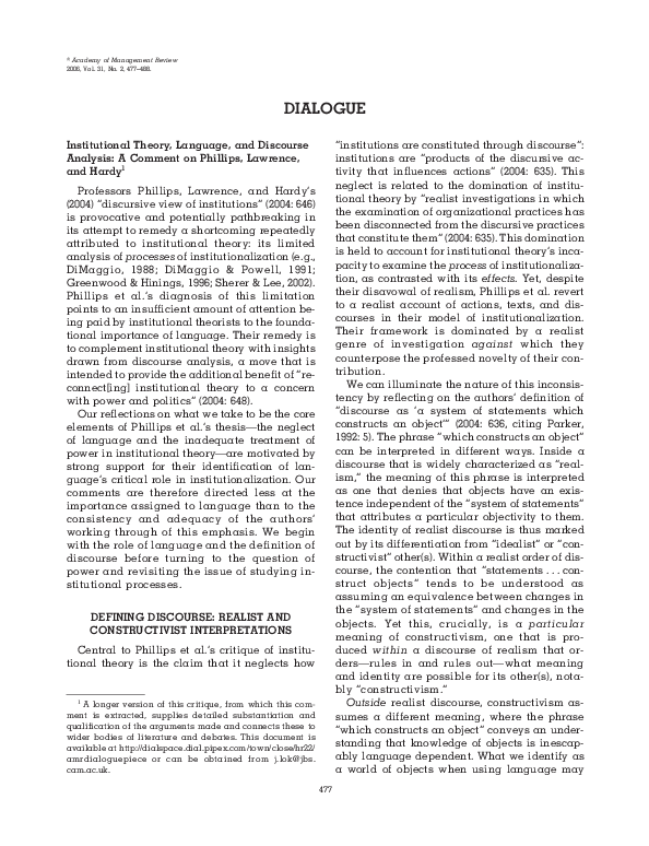 Pdf Institutional Theory Language And Discourse Analysis A Comment