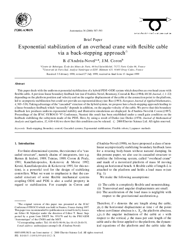 (PDF) Boundary stabilization of an overhead crane with beam model | driss aouragh - Academia.edu