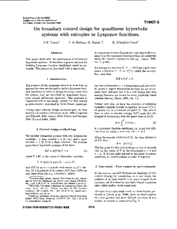 (PDF) On boundary control design for quasilinear hyperbolic systems with entropies as Lyapunov ...
