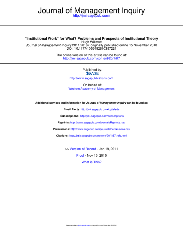 (PDF) Institutional Work" for What? Problems and Prospects of ...