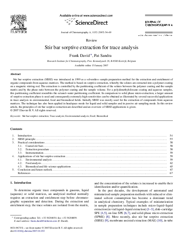 (PDF) Stir bar sorptive extraction for trace analysis