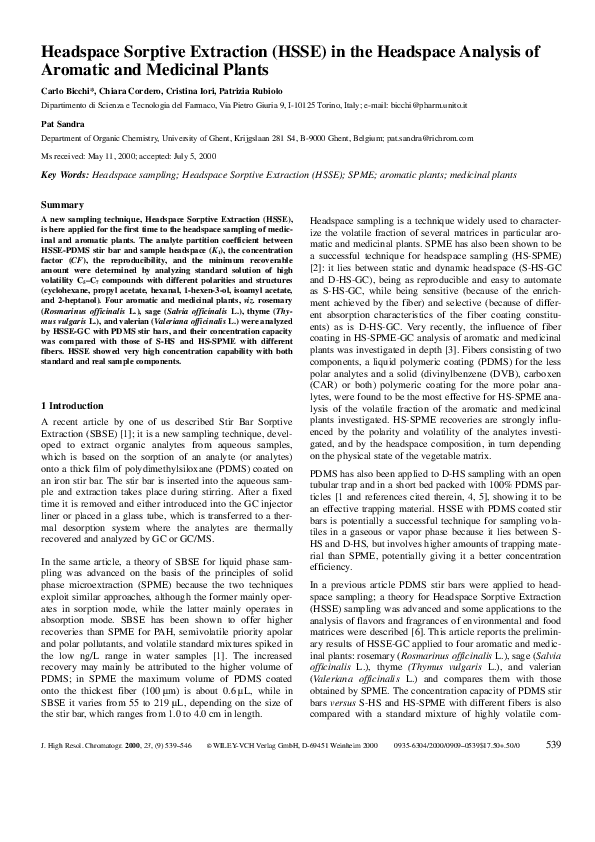 (PDF) Headspace Sorptive Extraction (HSSE) in the Headspace Analysis of ...