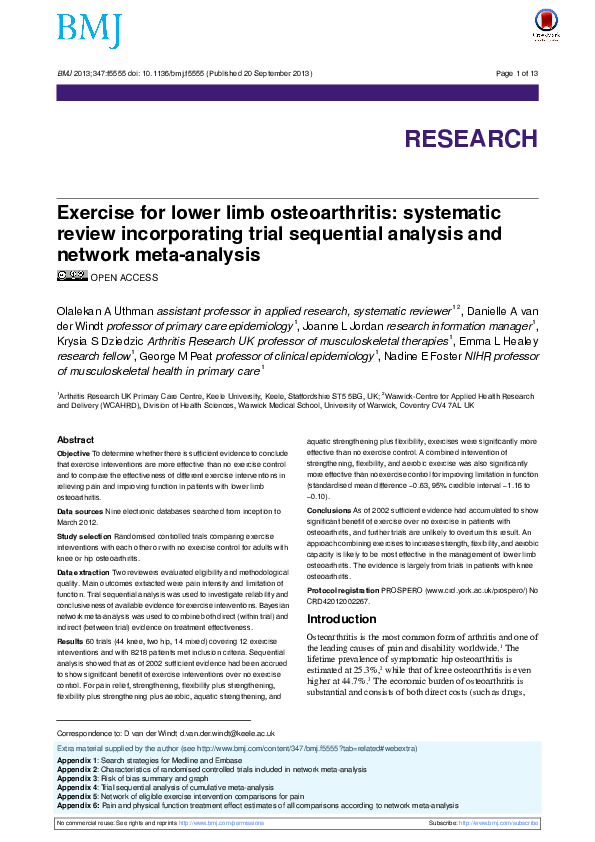 (PDF) Exercise for lower limb osteoarthritis: systematic review incorporating trial sequential ...