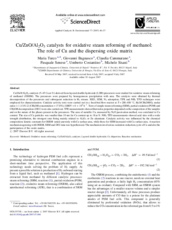 (PDF) Cu/ZnO/Al2O3 catalysts for oxidative steam reforming of methanol ...