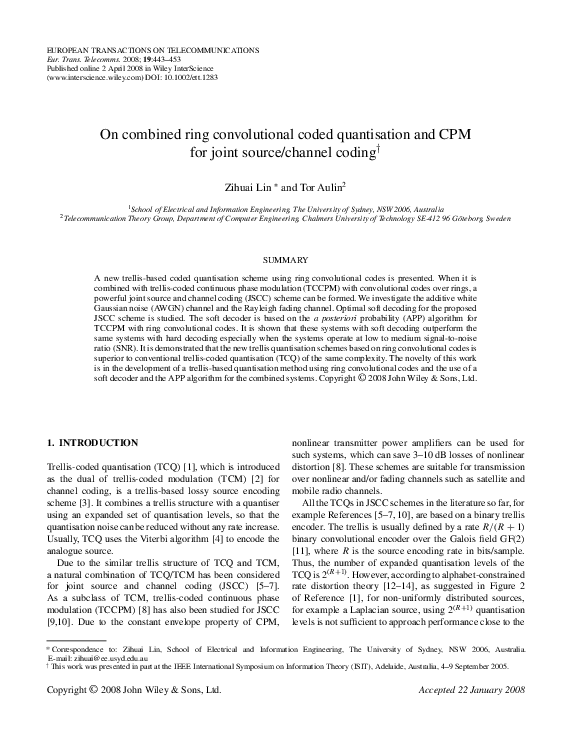 (PDF) On combined ring convolutional coded quantisation and CPM for joint source/channel coding