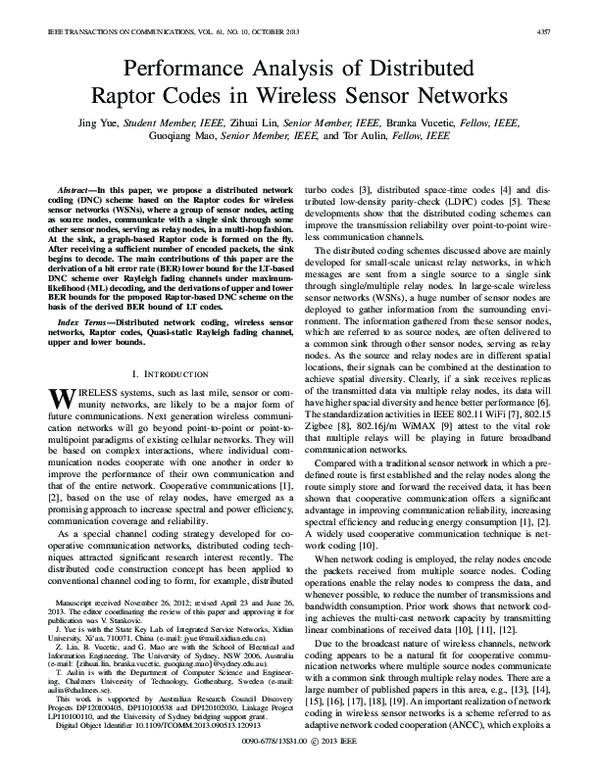 Pdf Performance Analysis Of Distributed Raptor Codes In Wireless Sensor Networks