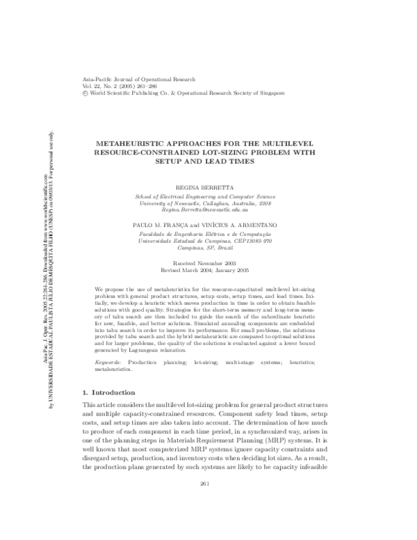(PDF) METAHEURISTIC APPROACHES FOR THE MULTILEVEL RESOURCE-CONSTRAINED LOT-SIZING PROBLEM WITH ...
