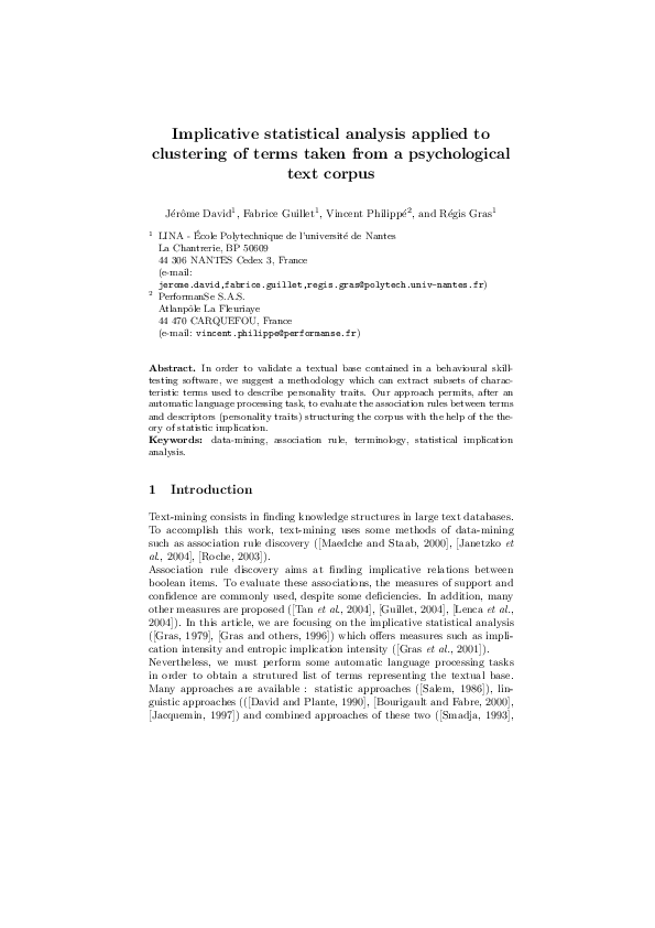 (PDF) Implicative statistical analysis applied to clustering of terms taken from a psychological ...