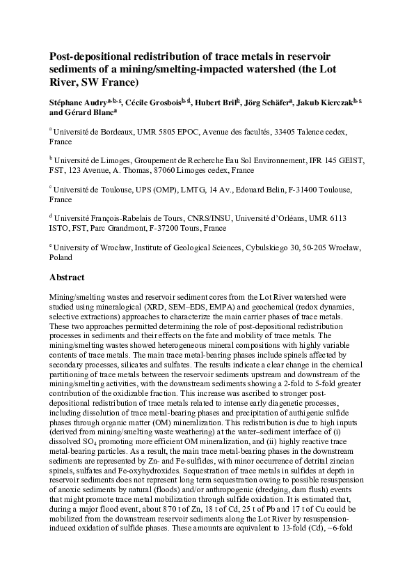 (PDF) Post-depositional redistribution of trace metals in reservoir ...