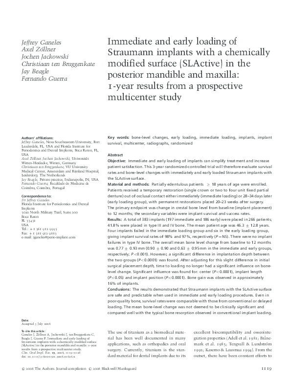 (PDF) Immediate and early loading of Straumann implants with a chemically modified surface ...