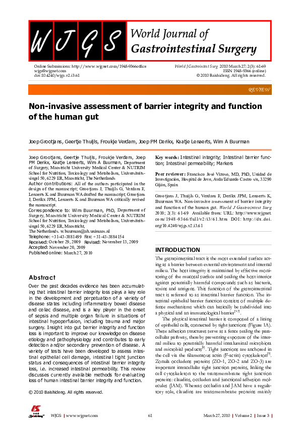 (PDF) BARRIER INTEGRITY AND FUNCTION OF HUMAN GUT