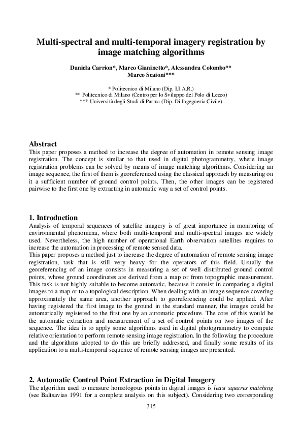 Pdf Automated Multi Spectral Image Registration Using Matching Algorithms
