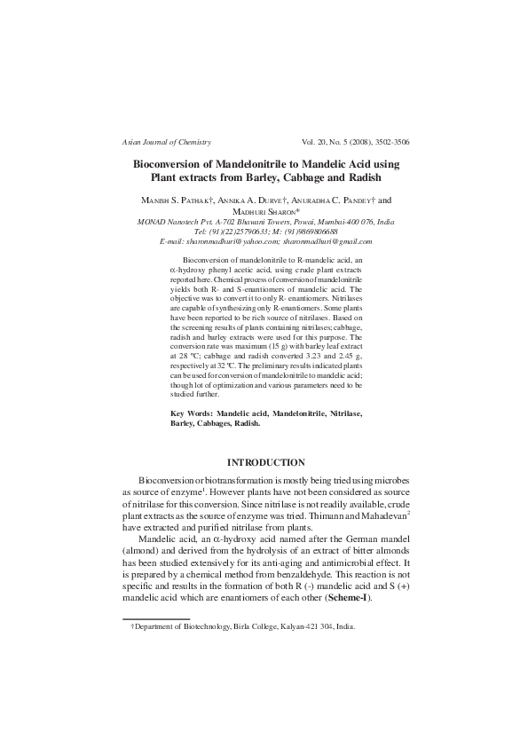 (PDF) Bioconversion of Mandelonitrile to Mandelic acid using Microbes ...