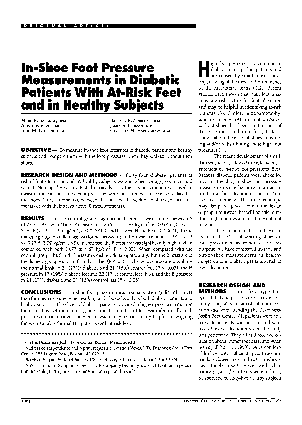 (PDF) In-shoe foot pressure measurements in diabetic patients with at ...