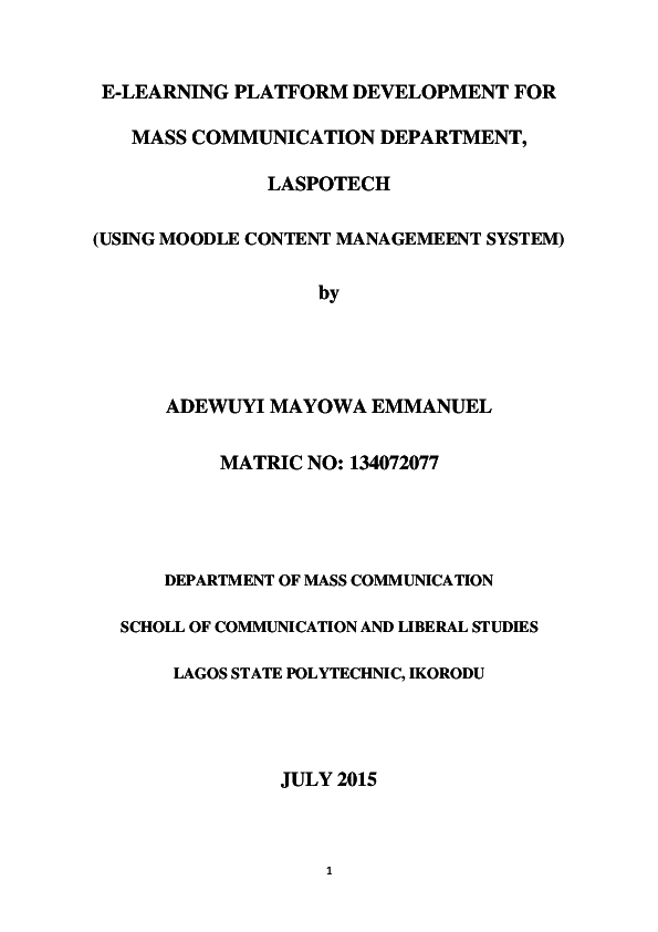 (PDF) E-LEARNING PLATFORM DEVELOPMENT FOR MASS COMMUNICATION DEPARTMENT, LASPOTECH (USING MOODLE ...