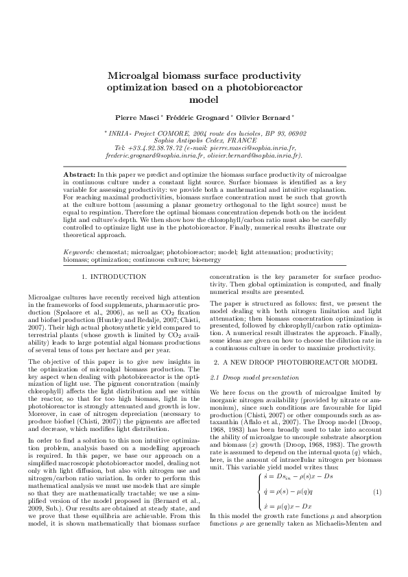 (PDF) Microalgal biomass productivity optimization based on a photobioreactor model