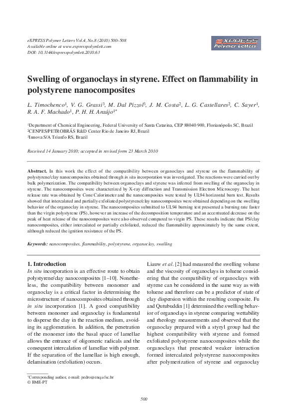 (PDF) Swelling of organoclays in styrene. Effect on flammability in ...