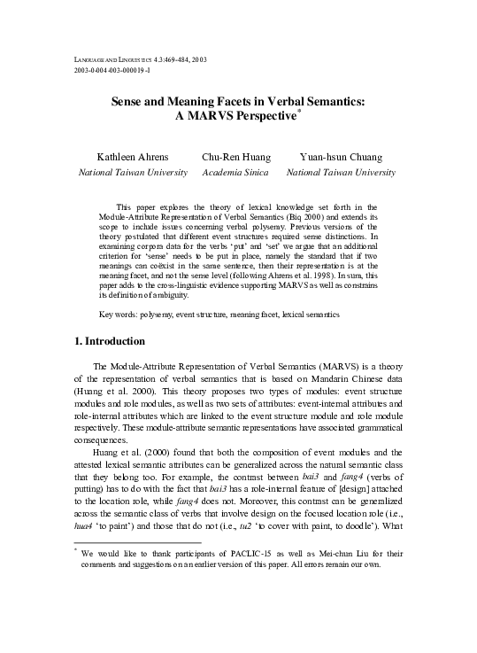 (PDF) Sense and Meaning Facets in Verbal Semantics: A MARVS Perspective