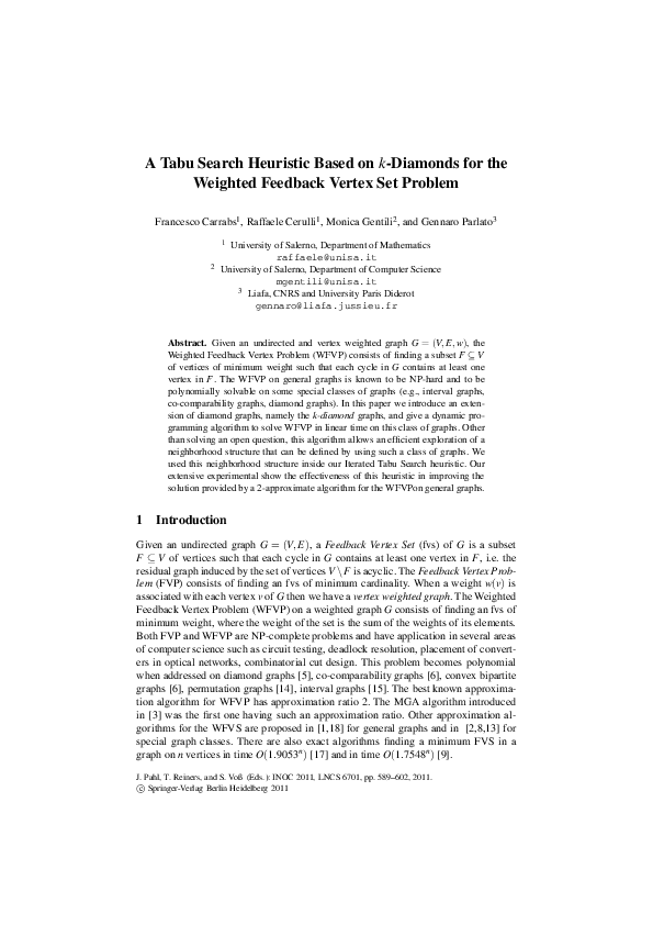 (PDF) A tabu search heuristic based on k-diamonds for the weighted feedback vertex set problem