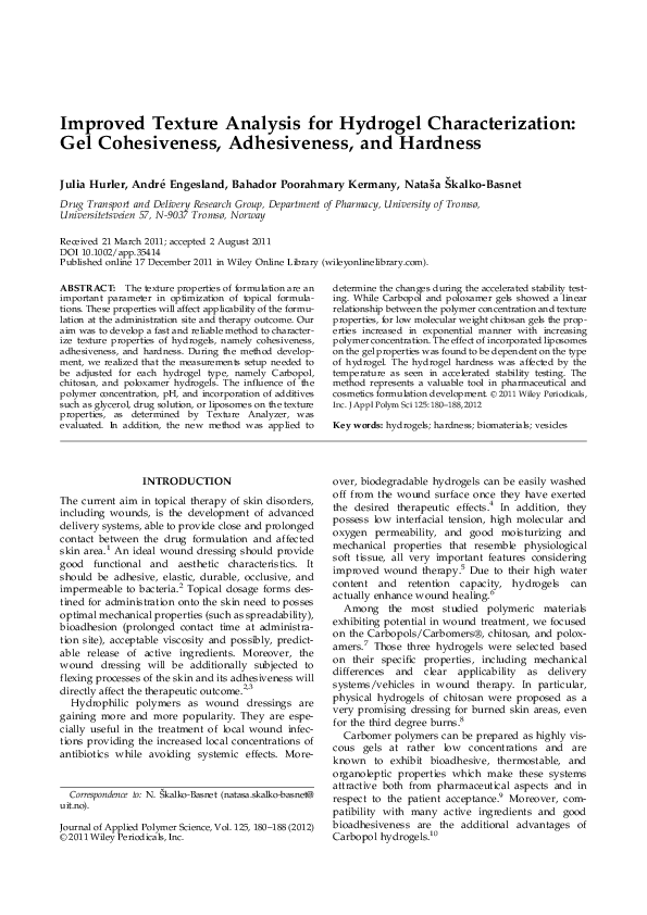 (PDF) Improved texture analysis for hydrogel characterization: Gel ...