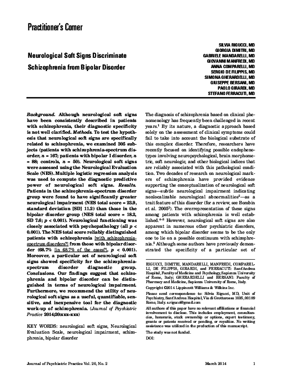 (PDF) Neurological Soft Signs Discriminate Schizophrenia from Bipolar ...