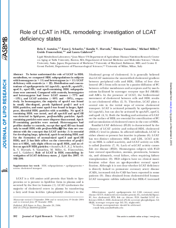 (PDF) Role of LCAT in HDL remodeling: investigation of LCAT deficiency ...