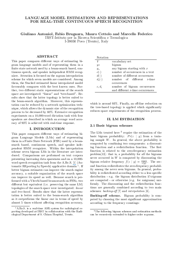 (PDF) Language model estimations and representations for real-time continuous speech recognition