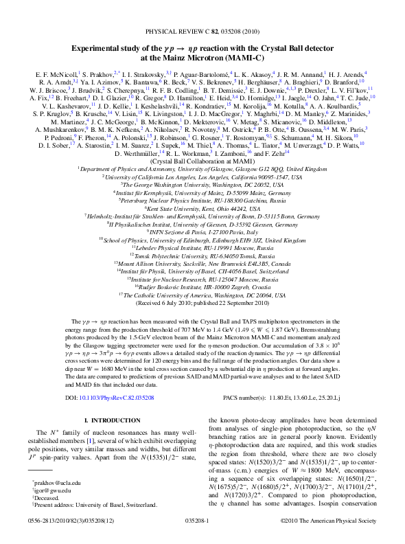 (PDF) Experimental study of the γp→ηp reaction with the Crystal Ball ...