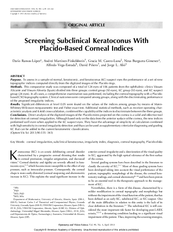 (PDF) Screening Subclinical Keratoconus With Placido-Based Corneal Indices