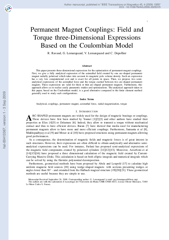 (PDF) Permanent Magnet Couplings: Field and Torque Three-Dimensional ...