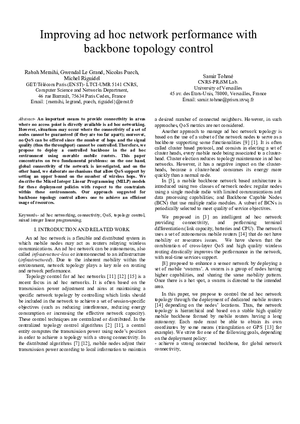 (PDF) Improving Ad Hoc Network Performance With Backbone Topology Control