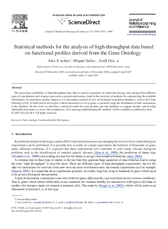 Pdf Statistical Methods For The Analysis Of High Throughput Data Based On Functional Profiles