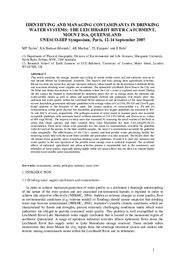 (PDF) IDENTIFYING AND MANAGING CONTAMINANTS IN DRINKING WATER SYSTEMS ...