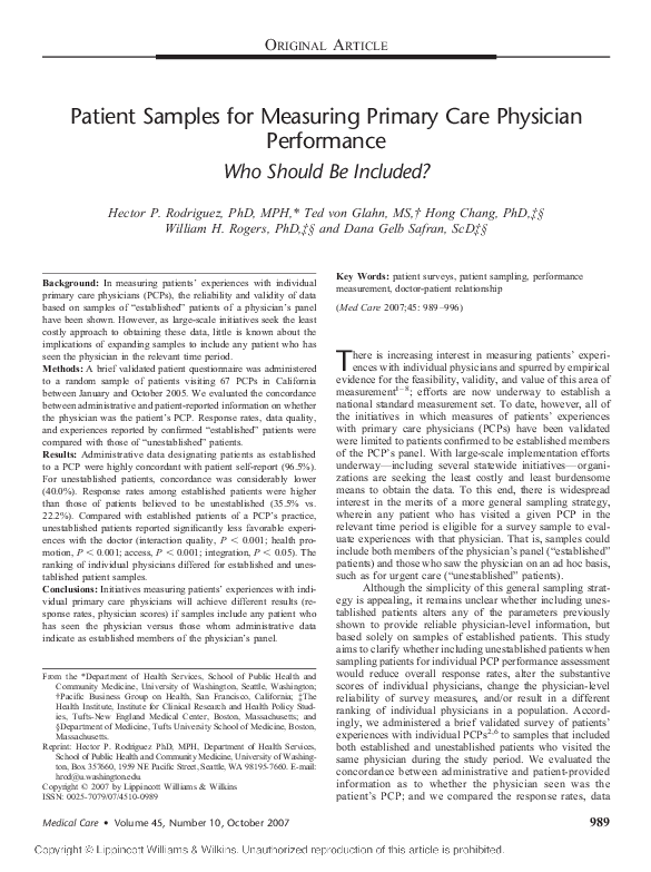 (PDF) Patient Samples for Measuring Primary Care Physician Performance